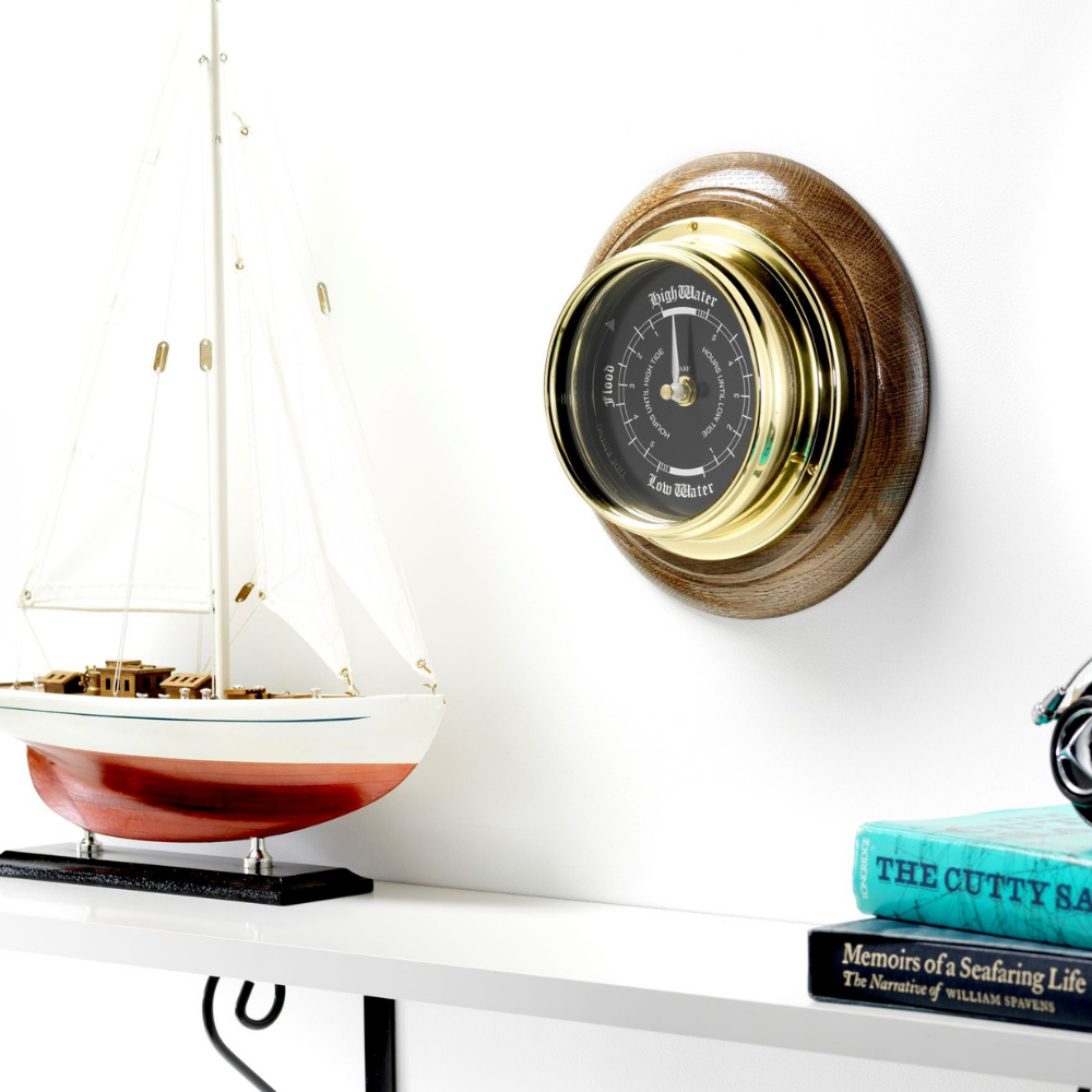 Handmade Prestige Brass Tide Clock - Black Dial & Dark Oak Wall Mount