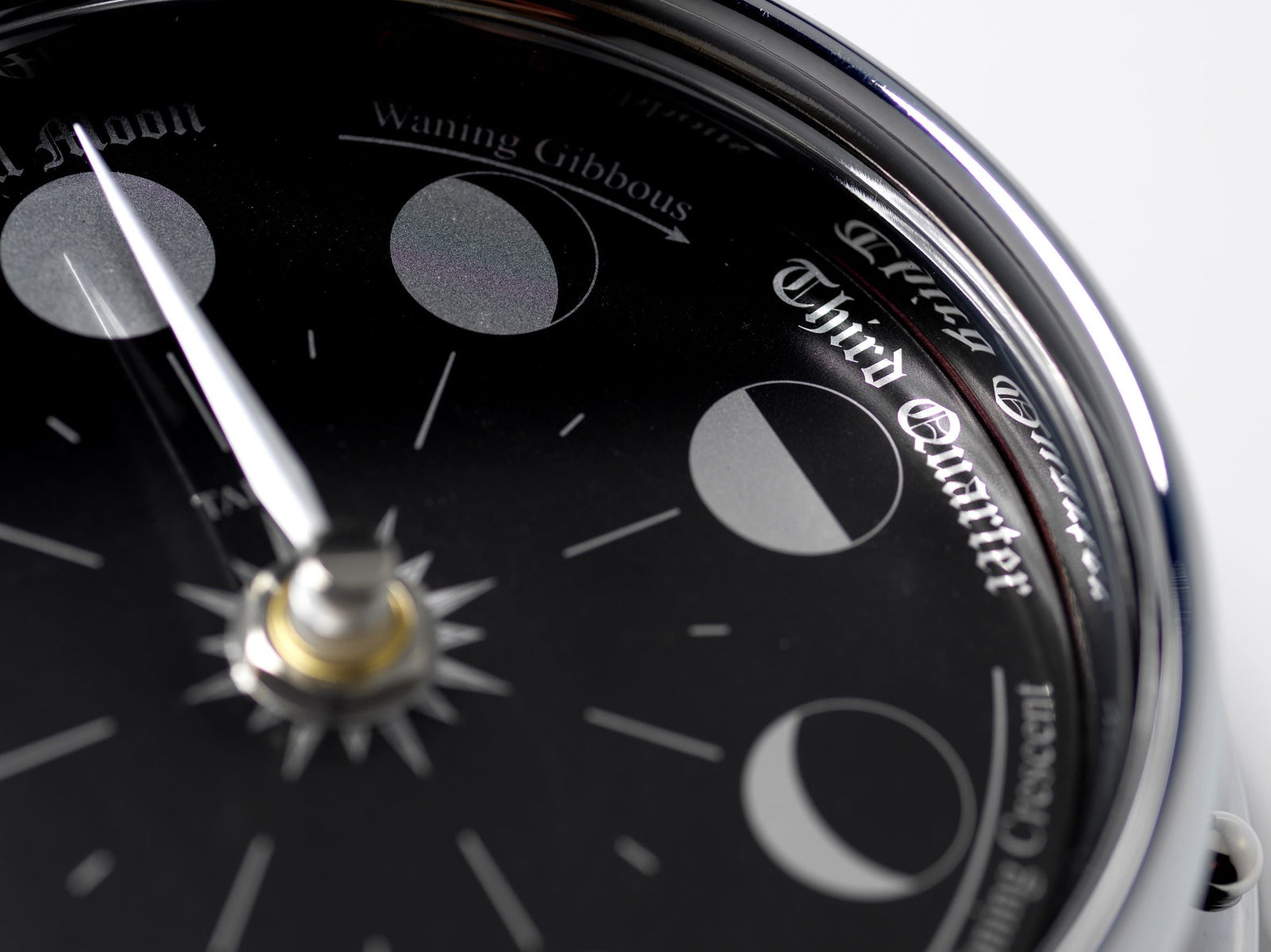 Handmade Prestige Moon Phase Clock in Chrome with Jet Black Dial