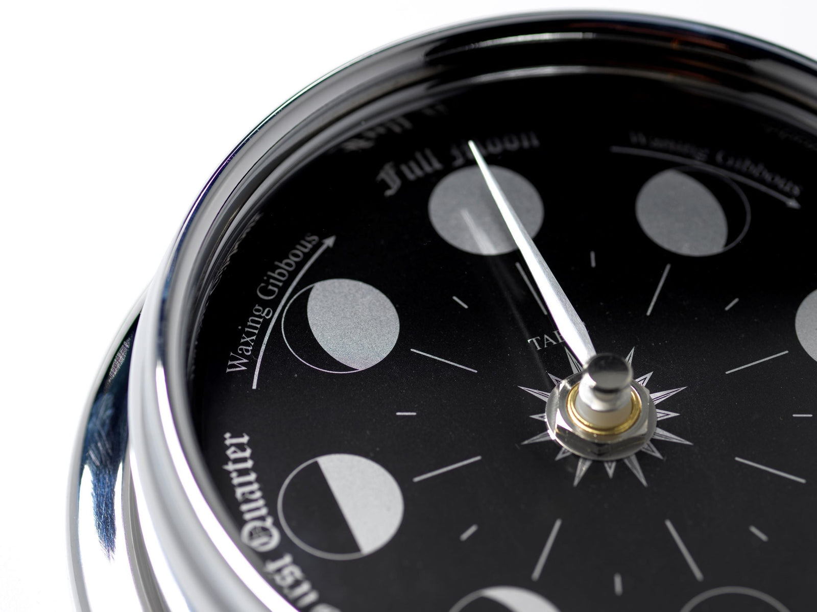 Handmade Prestige Moon Phase Clock in Chrome with Jet Black Dial creat