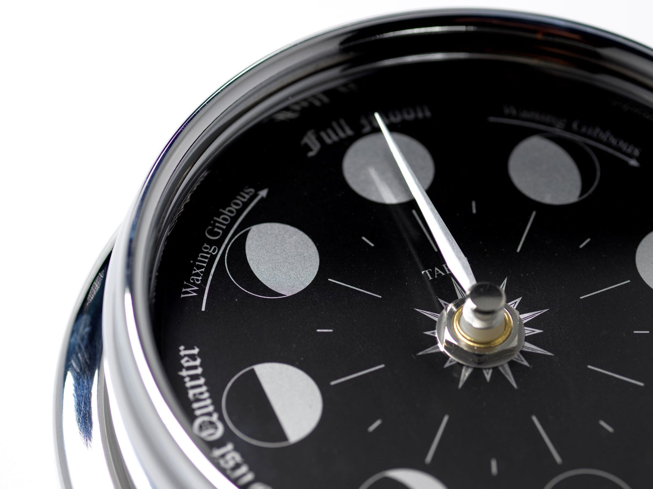 Handmade Prestige Moon Phase Clock in Chrome with Jet Black Dial creat