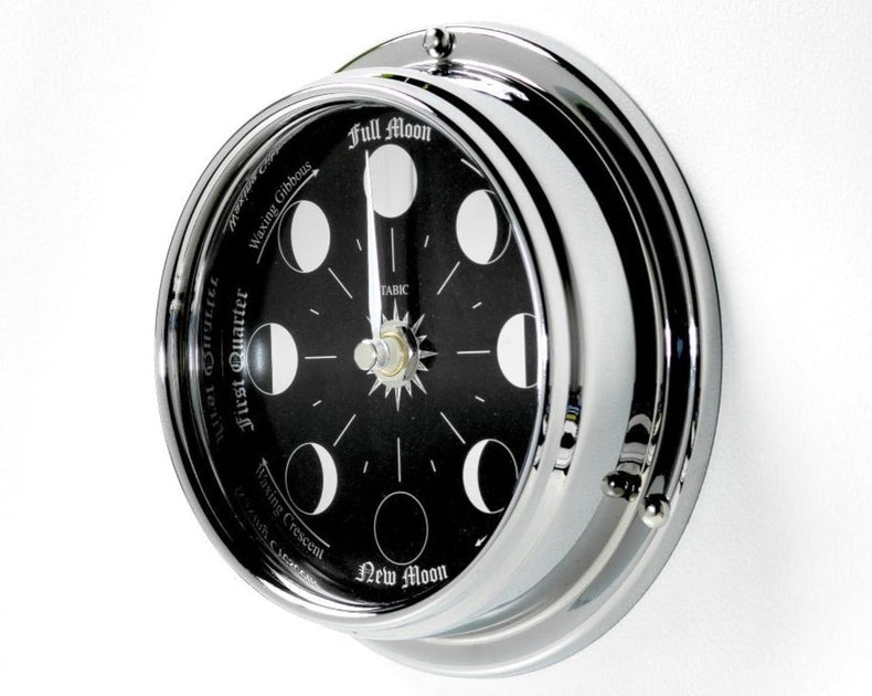 Handmade Prestige Moon Phase Clock in Chrome with Jet Black Dial creat
