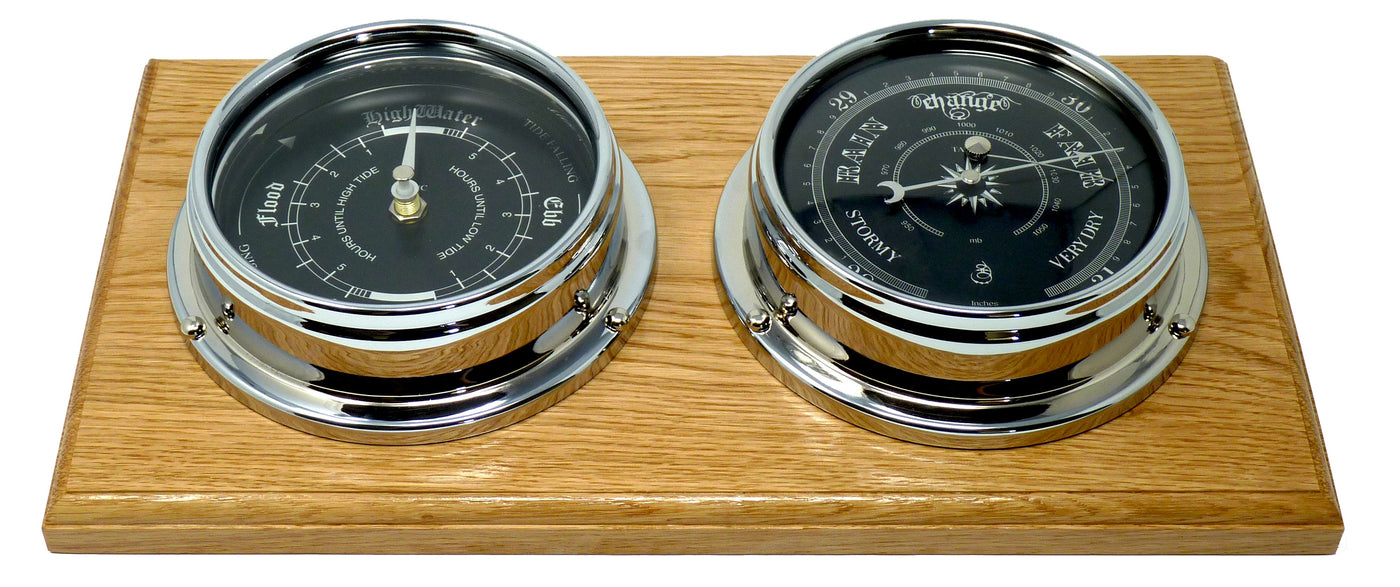 Handmade Brass Tide Clock & Barometer: Black Dials & Light Oak Display